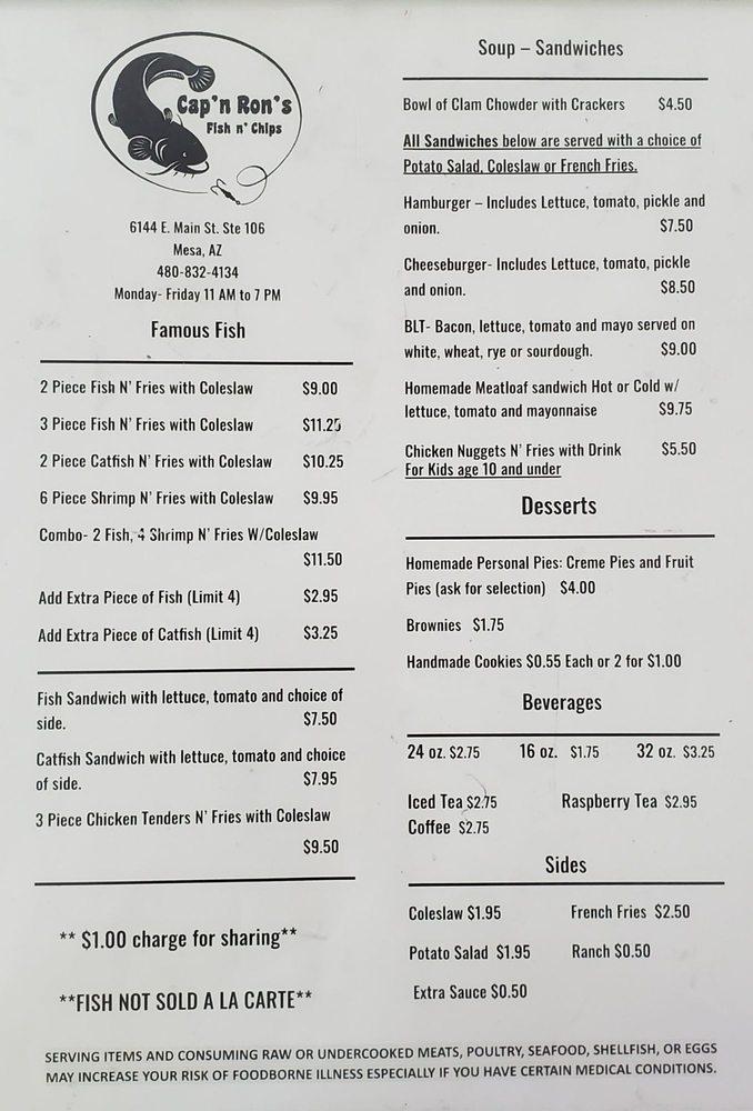 Menu at Cap'n Ron's Fish and Chips restaurant, Mesa