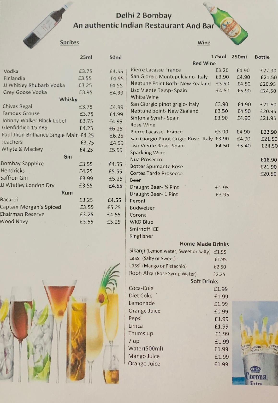 Menu at Delhi 2 Bombay restaurant, Wolverhampton