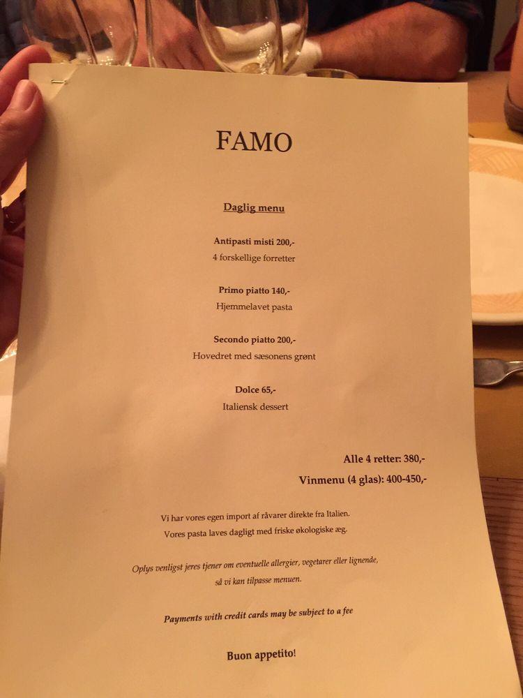 Menu at FAMO Saxo restaurant, Copenhagen, Saxogade 3