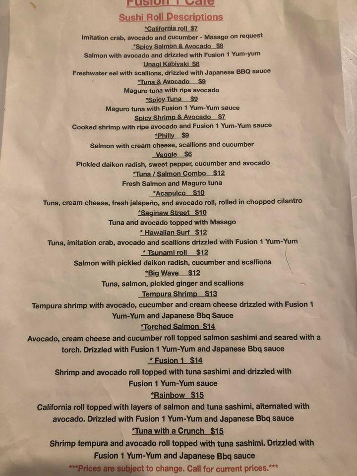 Menu at Fusion 1 Cafe, Bay City