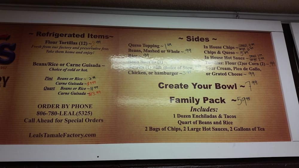 Menu at Leal's Tamale Factory restaurant, Lubbock