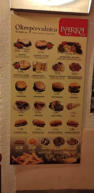 Menu da Okrepčevalnica Barka,, Pirano