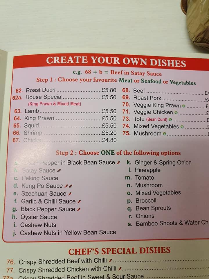 Menu at Oriental Chinese fast food, Blackpool
