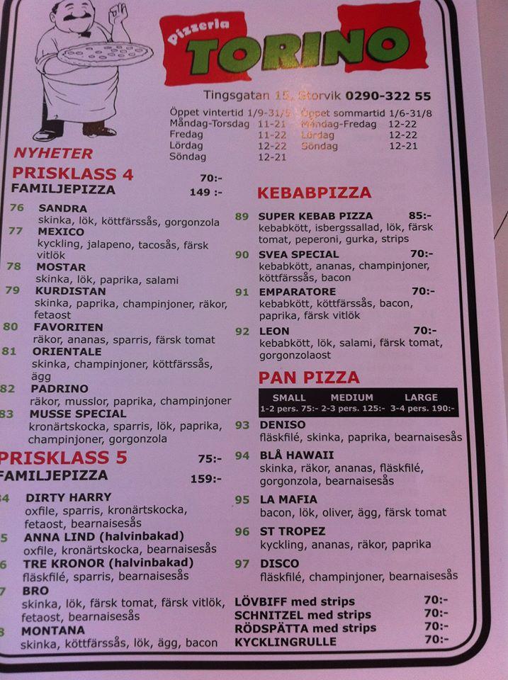 Menu at Pizzeria Torino, Storvik, Landsvägen 42