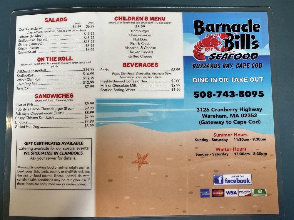 Menu at Barnacle Bill's Seafood, Wareham
