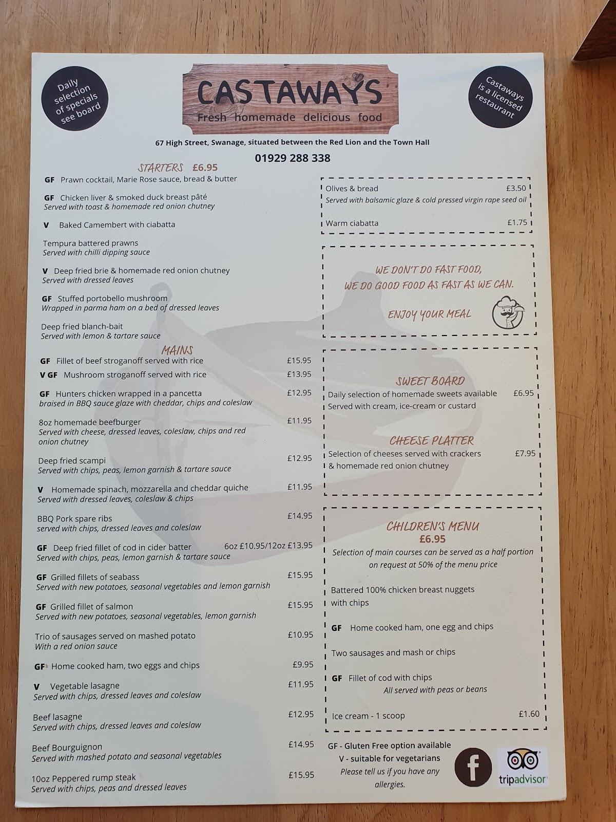 Menu at Castaways restaurant, Swanage