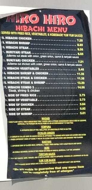 Menu at Hiro Hiro restaurant, Sallisaw