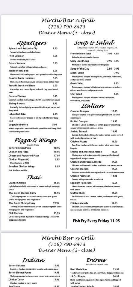 Menu at Mirchi Bar n Grill, Olean
