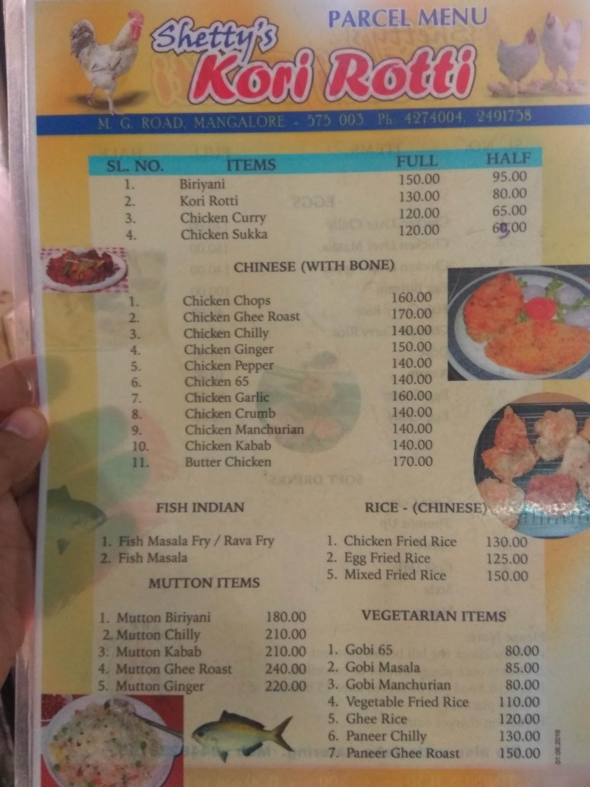 Menu at Shetty's Kori Rotti, Mangaluru