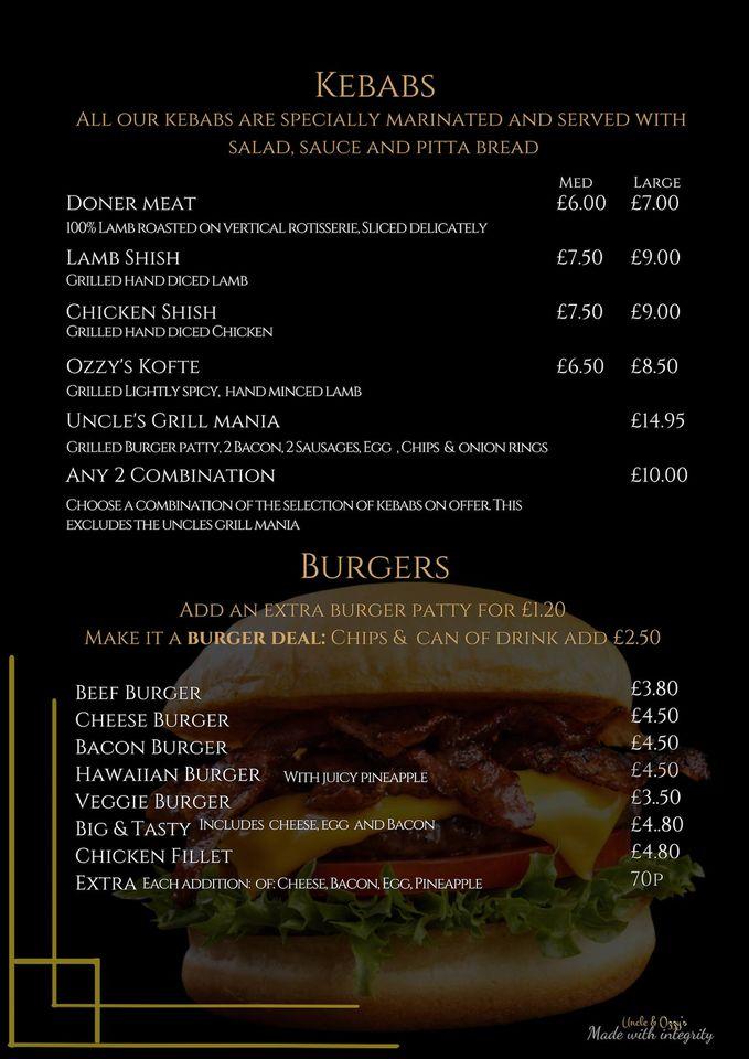 Menu at Uncle & Ozzy’s Kebab House restaurant, Winkleigh