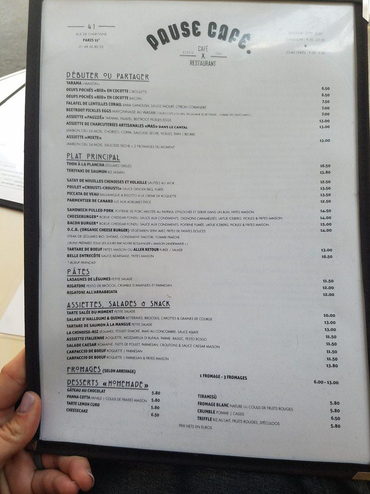 Menu at Pause Café, Paris, 41 Rue de Charonne