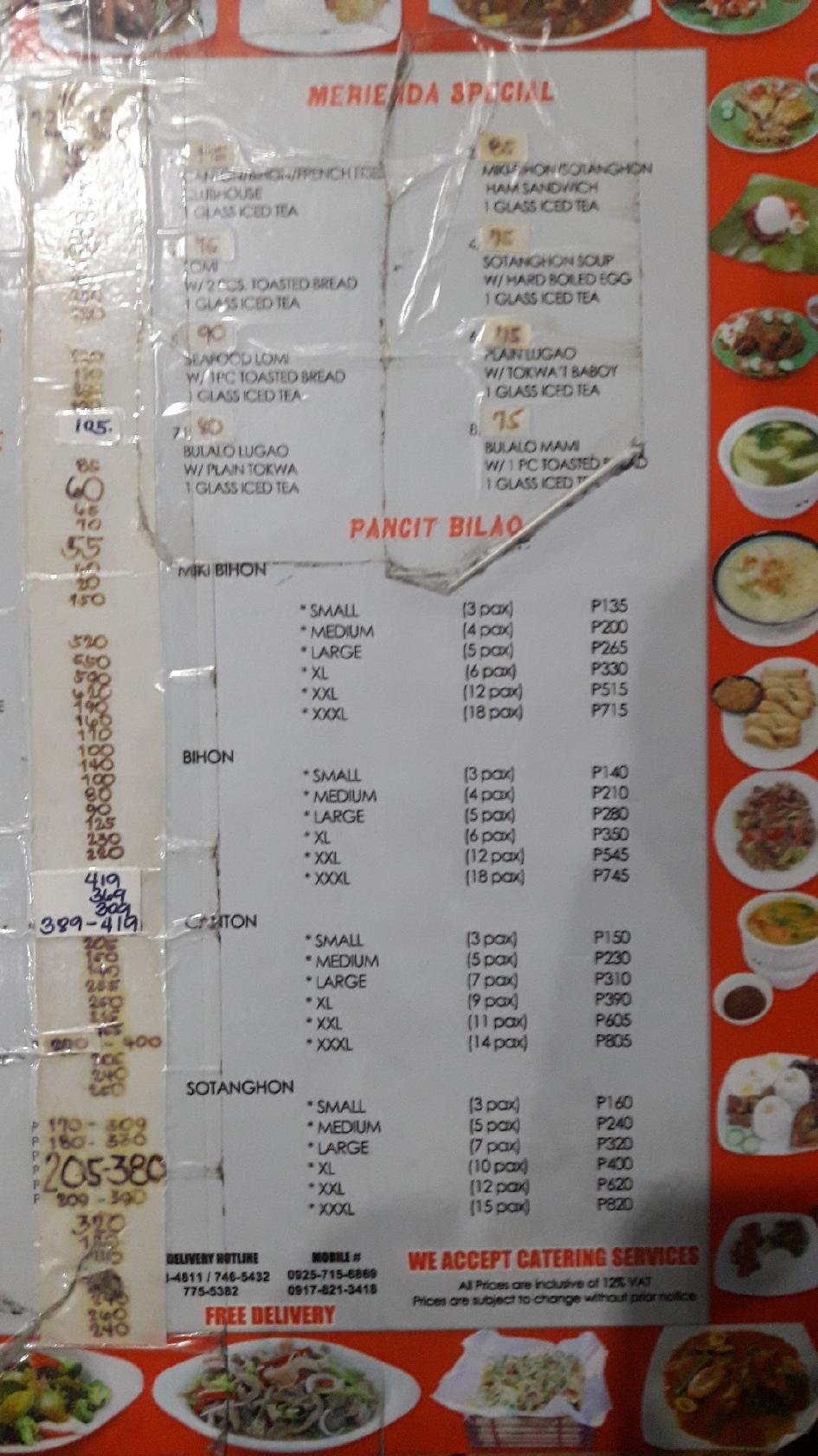 Menu at R&J Bulalohan restaurant, Mandaluyong