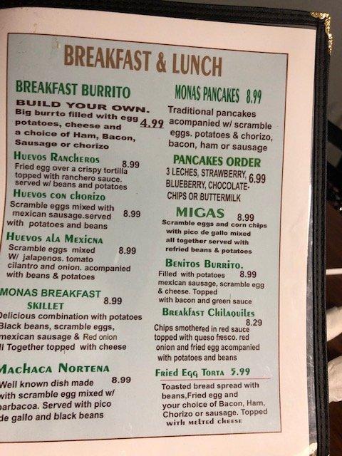 Menu at Cafe Mona, Stillwater