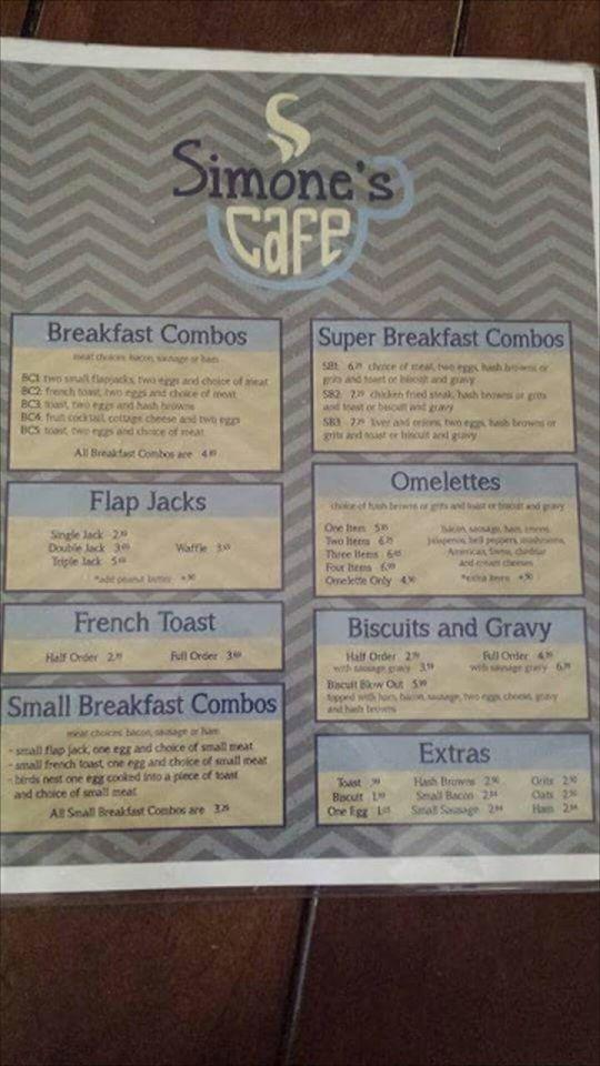 Menu at Simone's Cafe, Guthrie, S Division St