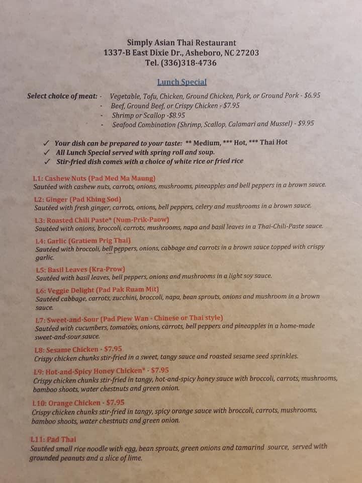 Menu at Simply Asian Thai Restaurant, Asheboro