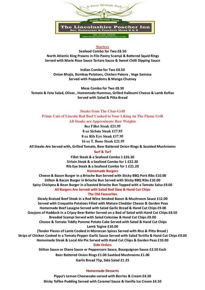 Menu at The Lincolnshire Poacher Inn steakhouse, Metheringham