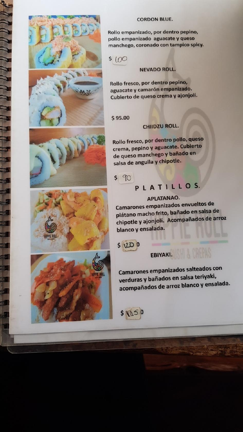 Carta del restaurante hippie roll, Ensenada
