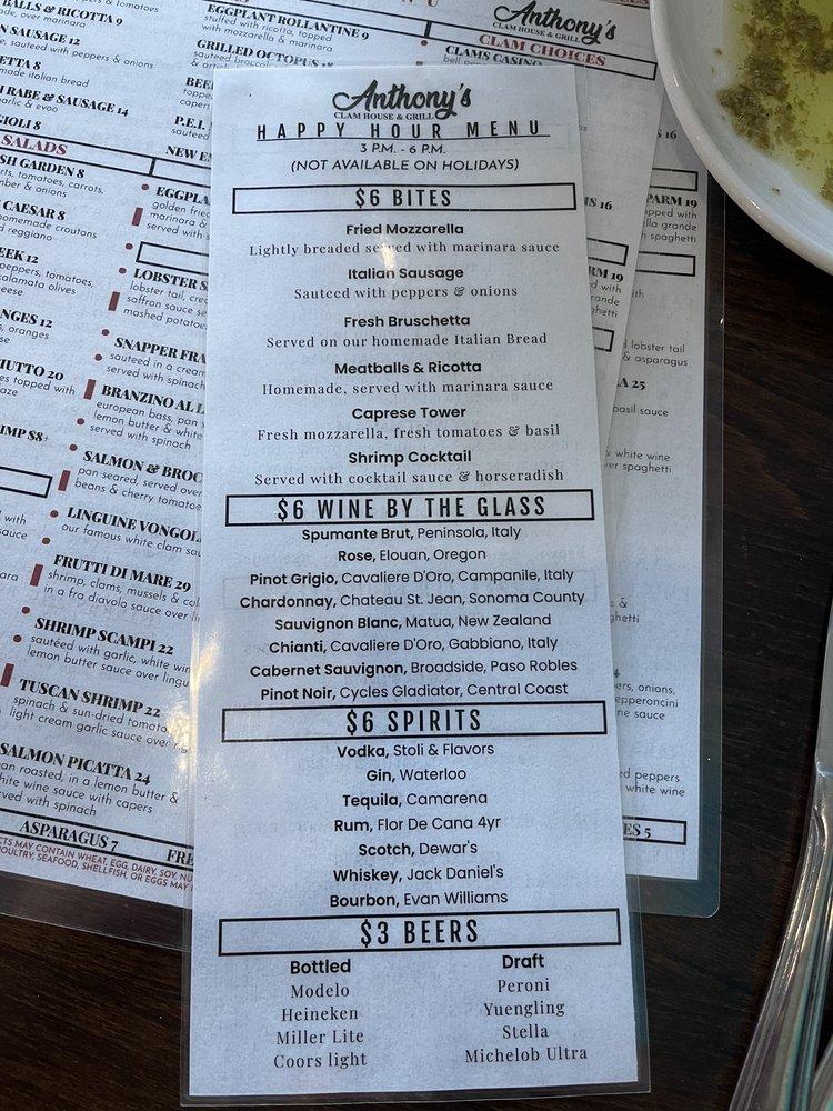 Menu at Anthony's Clam House & Grill steakhouse, Fort Lauderdale