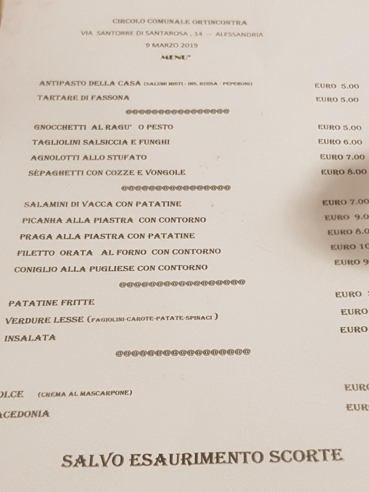 Menu da Circolo Ortincontra ristorante, Alessandria