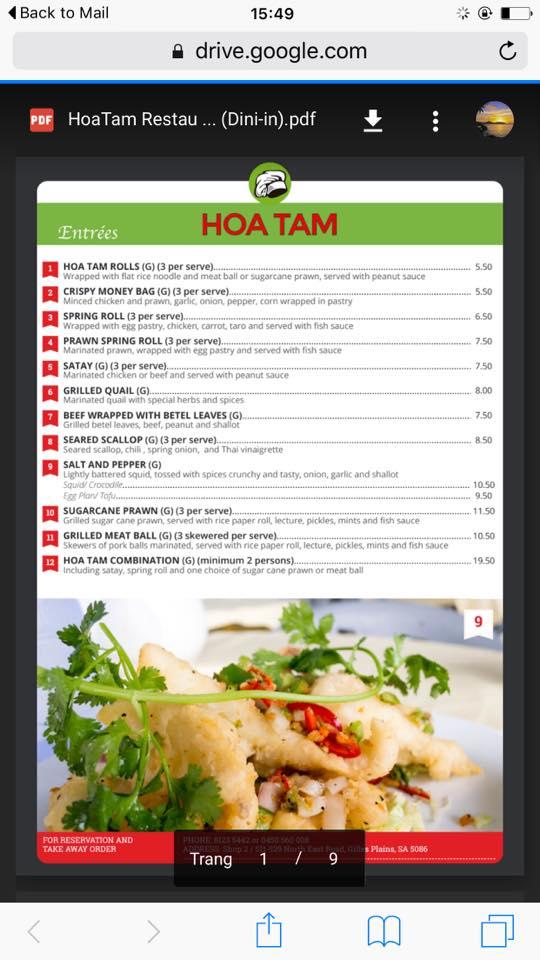 Menu at Hoa Tam restaurant, Gilles Plains
