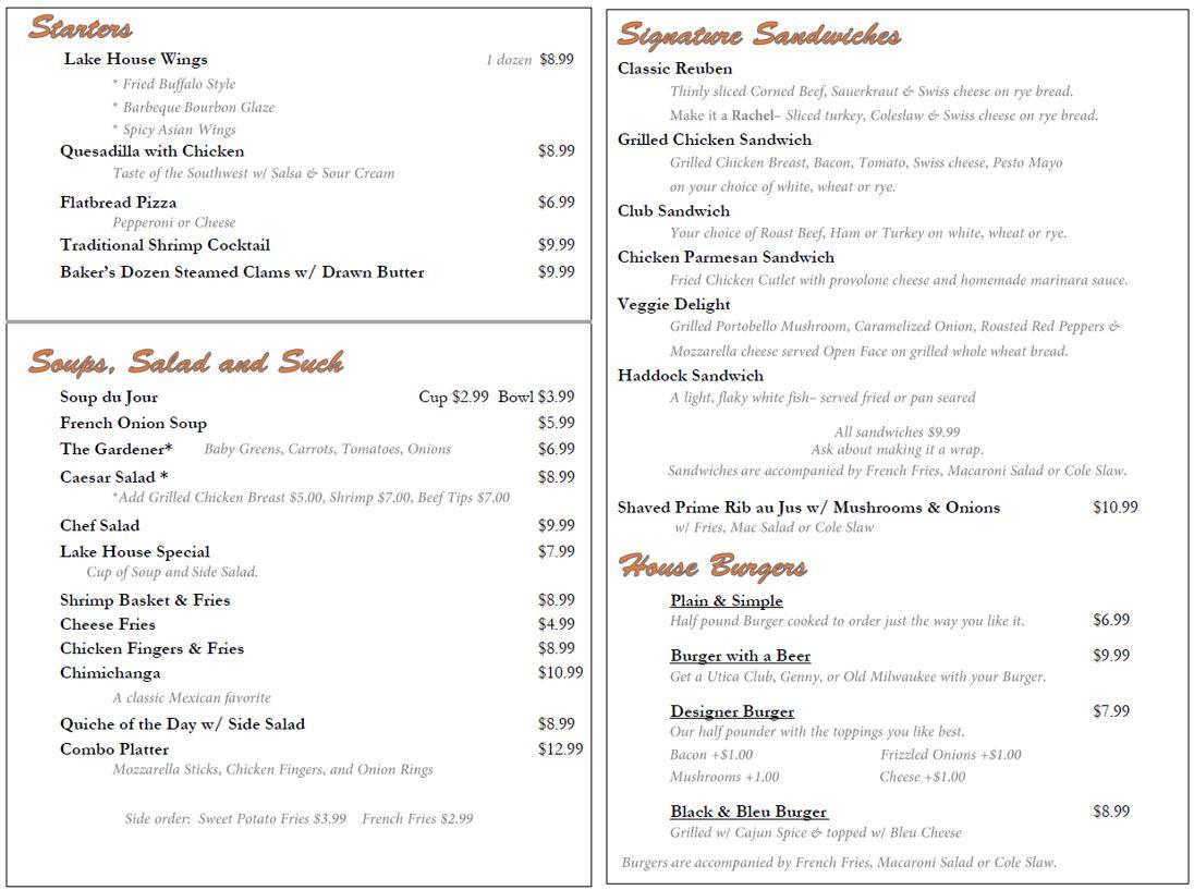 Menu at Lake House Restaurant, Richfield Springs, Co Hwy 22