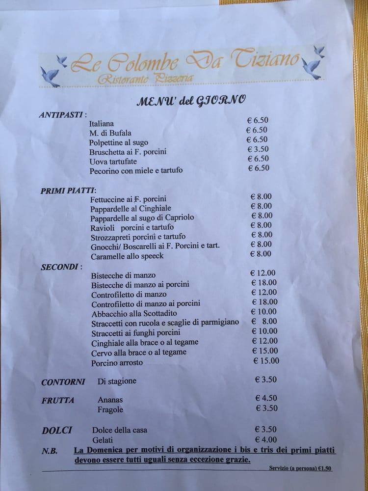 Menu da Le Colombe pizzeria, Nemi