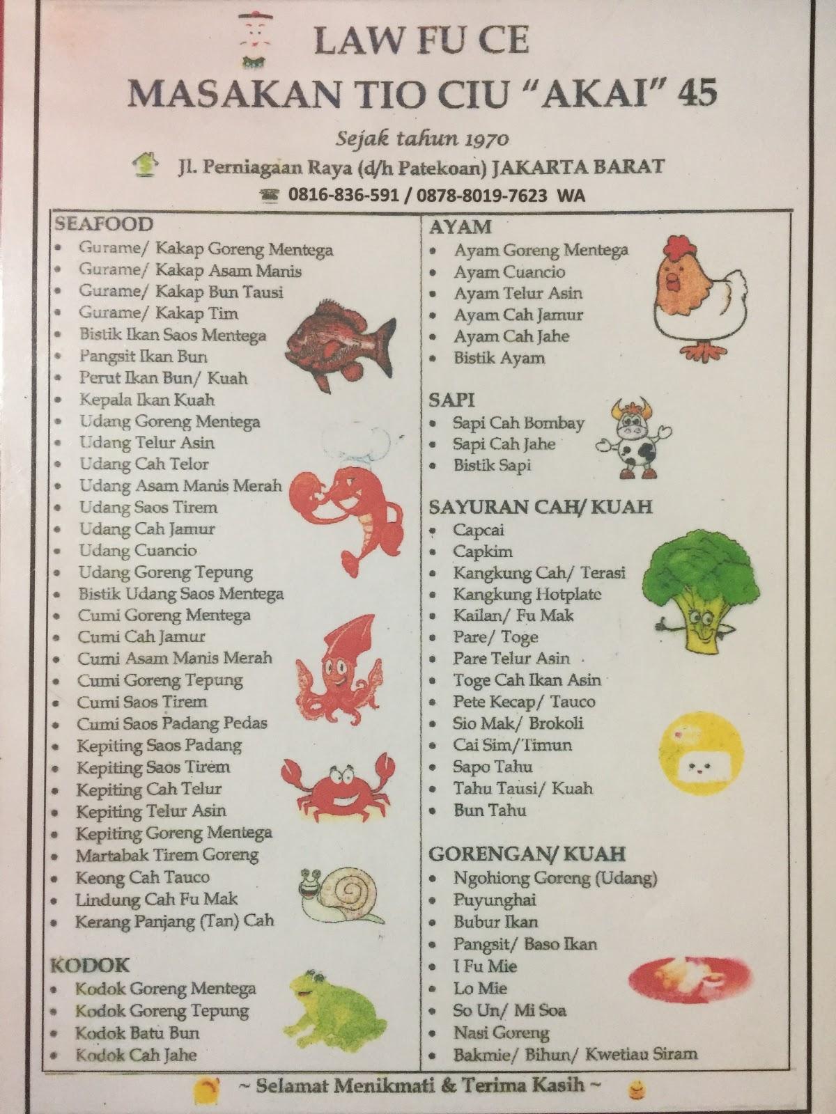 Menu at AKAI 45 Masakan Tio Ciu restaurant, West Jakarta