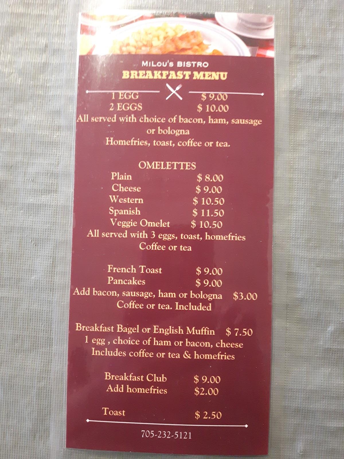 Menu at MiLou's Bistro restaurant, Iroquois Falls