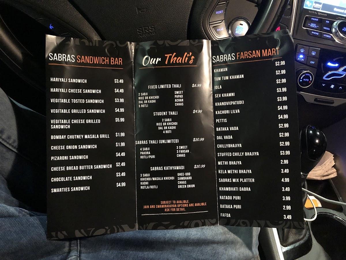 Menu at Sabras - The Taste Of Gujarat restaurant, Toronto
