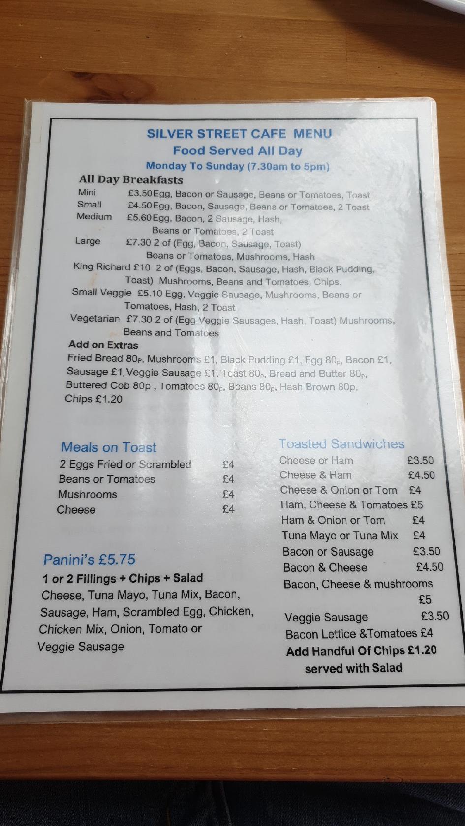 Menu at Silver Street Cafe, Leicester