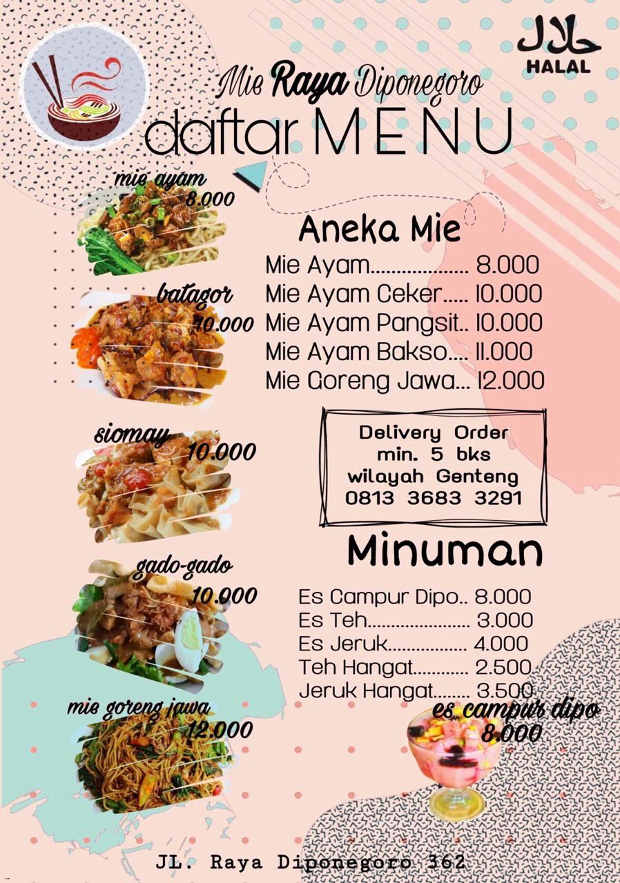 Menu at Restoran Mie Raya Diponegoro & Bakso e-Co. restaurant, Genteng ...