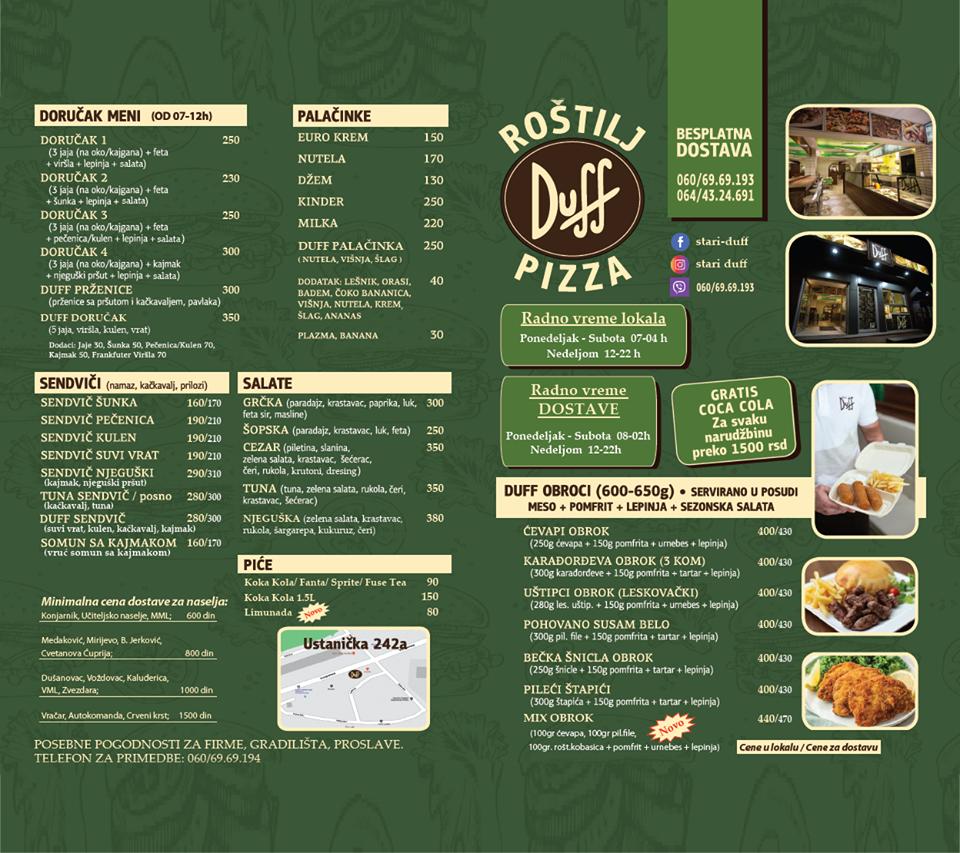 Menu at Stari Duff restaurant, Belgrade