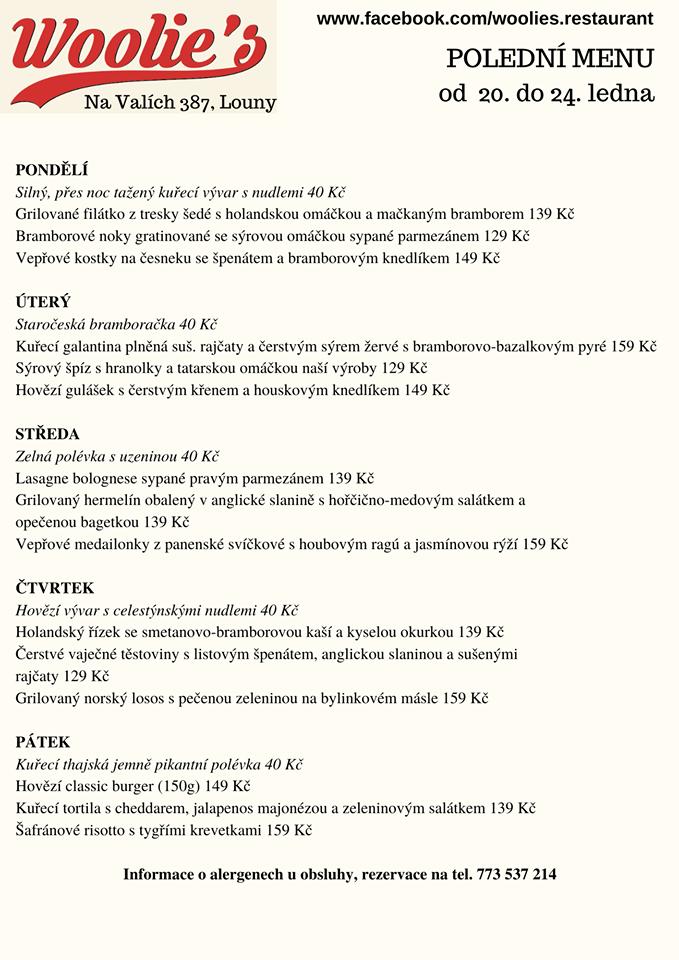 Menu at Woolie’s restaurant, Louny