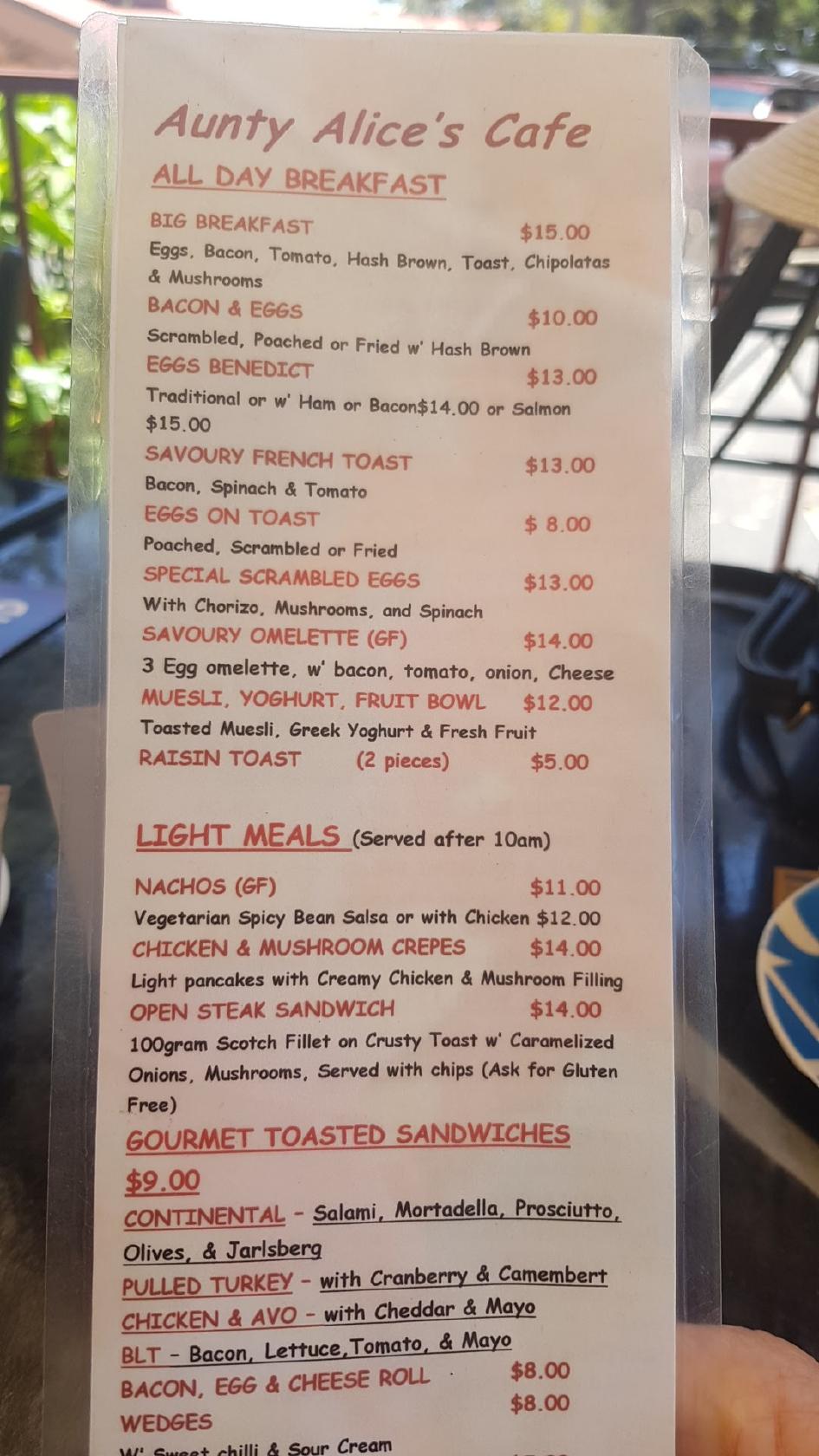 Menu at Aunty Alice's Café restaurant, Russell Island