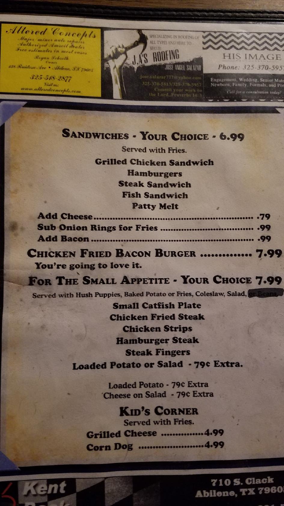 Menu at Catfish Corner restaurant, Abilene