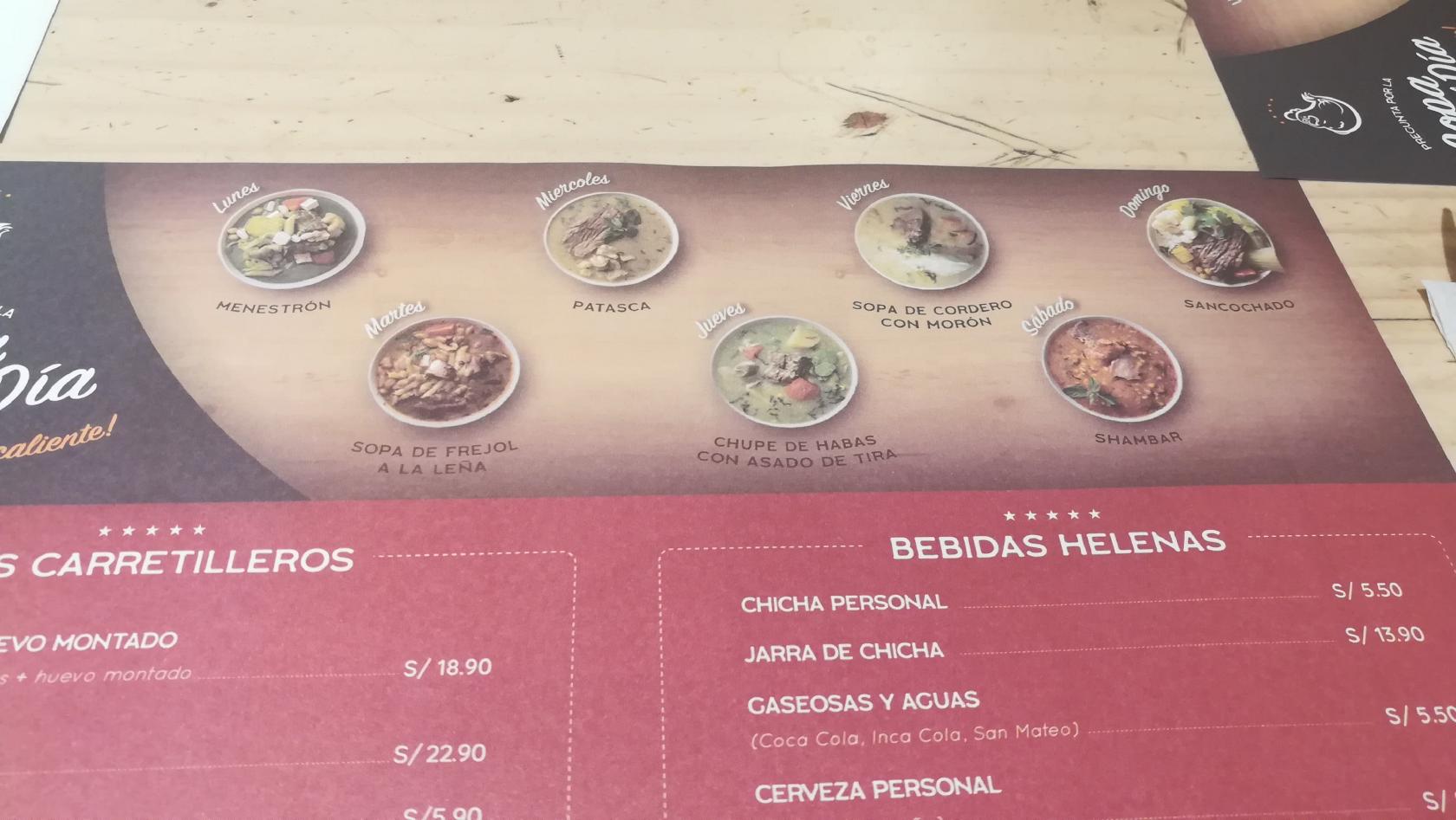 Menu at Chio's Soups restaurant, Lima