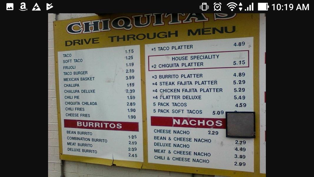 Menu at Chiquita's restaurant, Mena, 703 U. S. Hwy 71