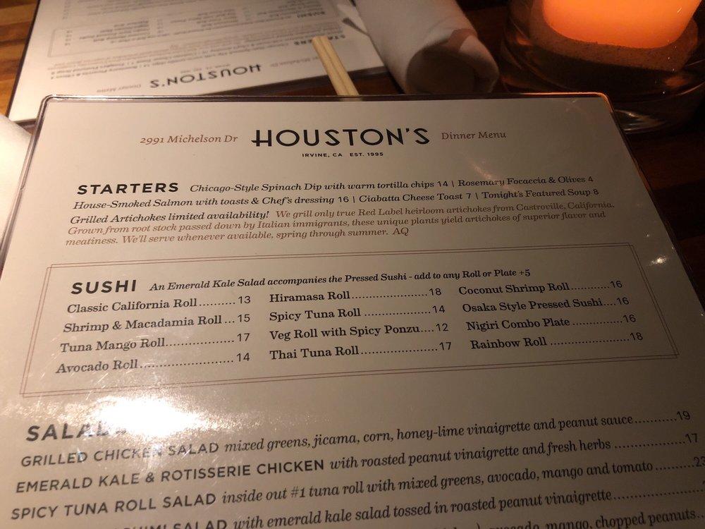 Menu at Houston's steakhouse, Irvine