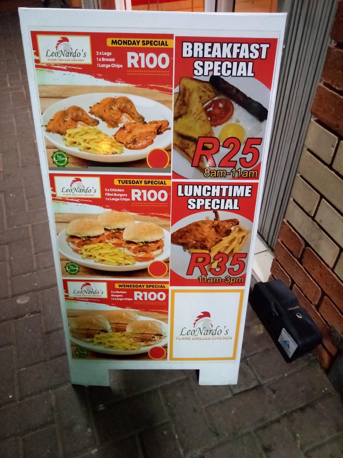 Menu at LeoNardos Chatsworth restaurant, Durban
