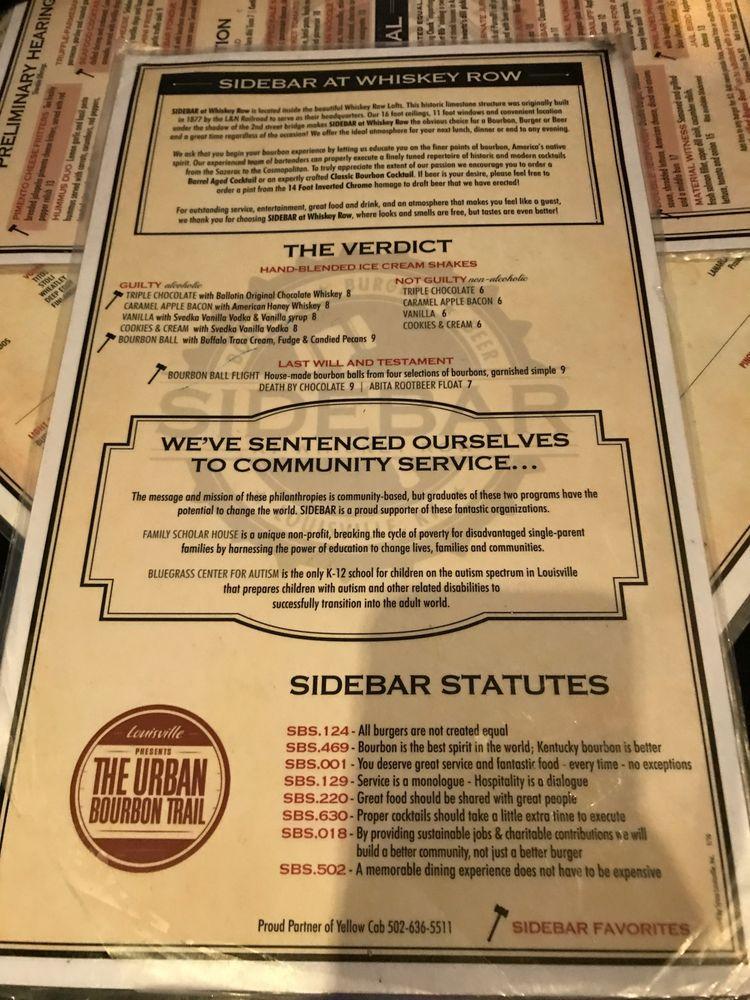 Menu at Sidebar At Whiskey Row, Louisville