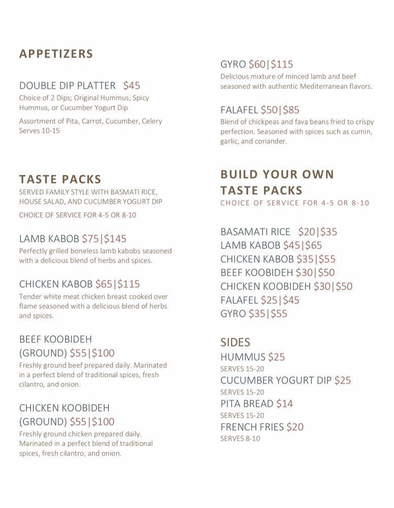 Menu at Taste Mediterranean Grill restaurant, Las Vegas