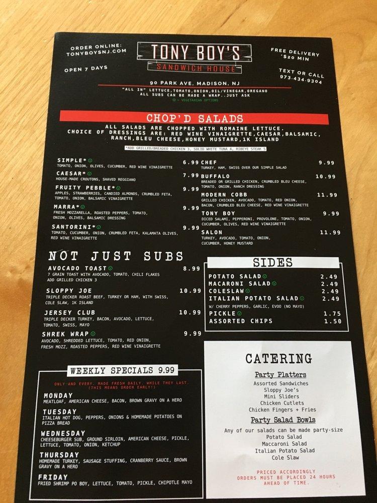 Menu at Tony Boys Sandwich House restaurant, Madison
