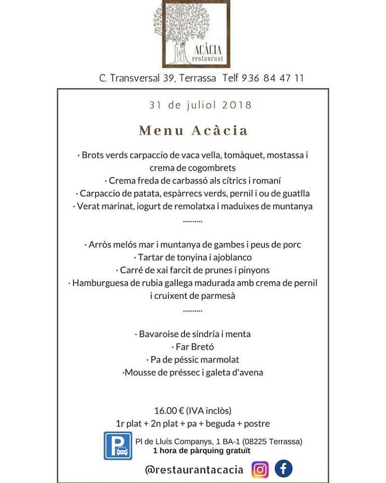 Menu at Acacia restaurant, Terrassa