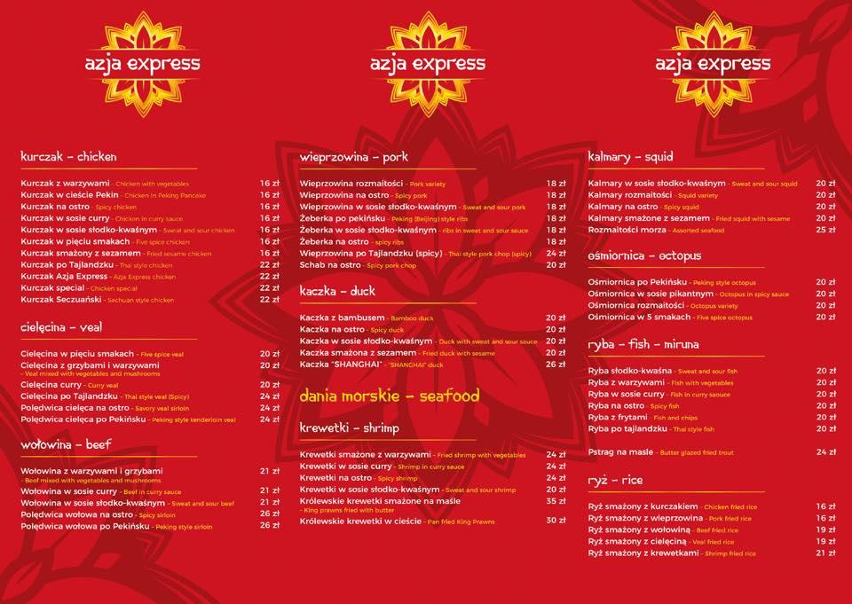 Menu at Azja Express Kuchnia Azjatycka restaurant, Zagan