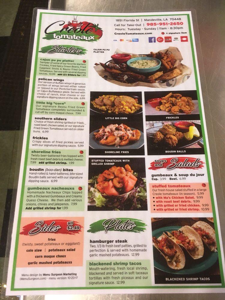 Menu at Creole Tomateaux restaurant, Mandeville, Florida St