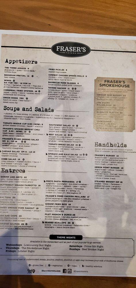 Menu at Fraser's Tavern BBQ, Hilton Head Island, 100 N Sea Pines Dr