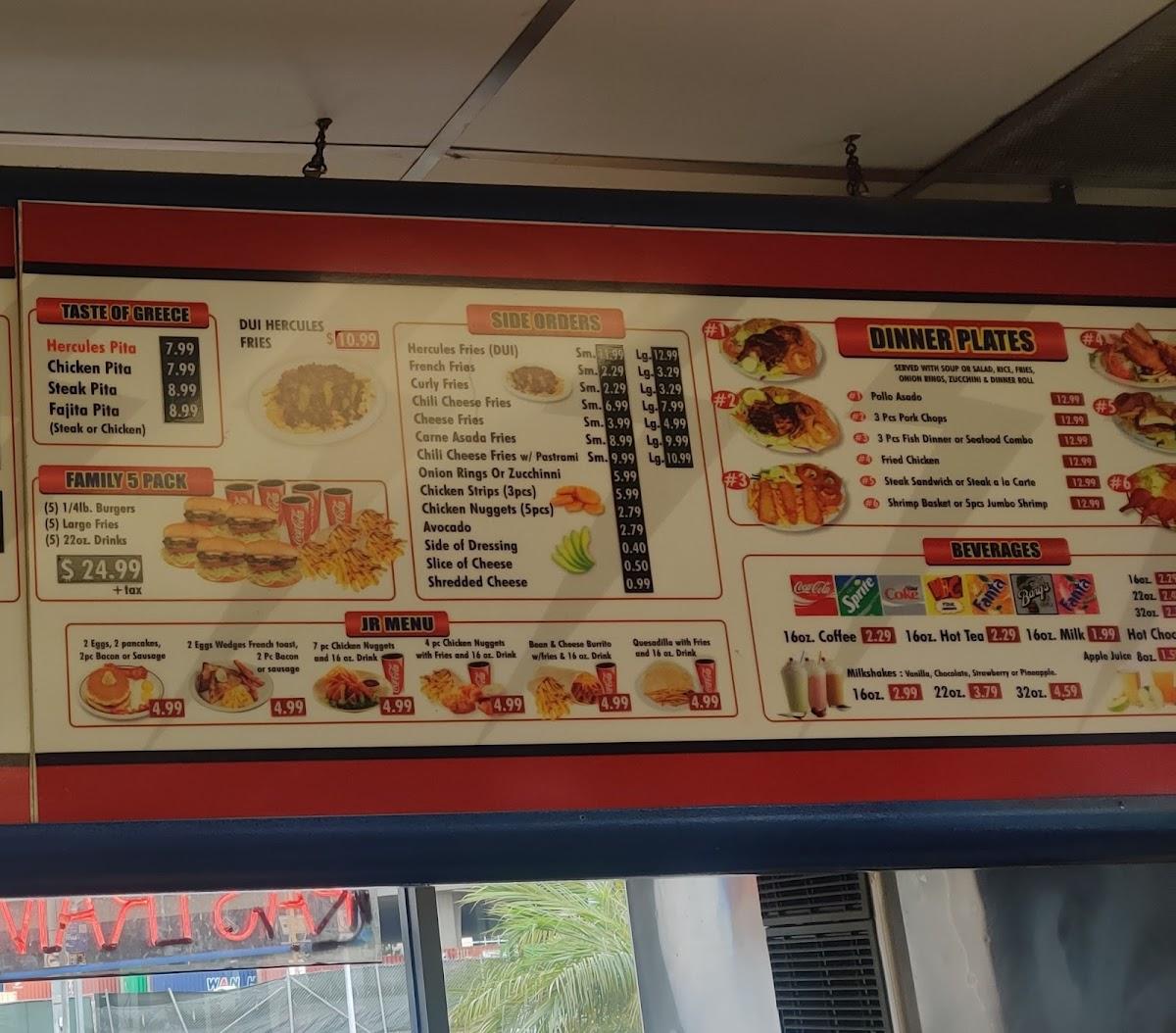Menu at Hercules Burgers fast food, Lynwood