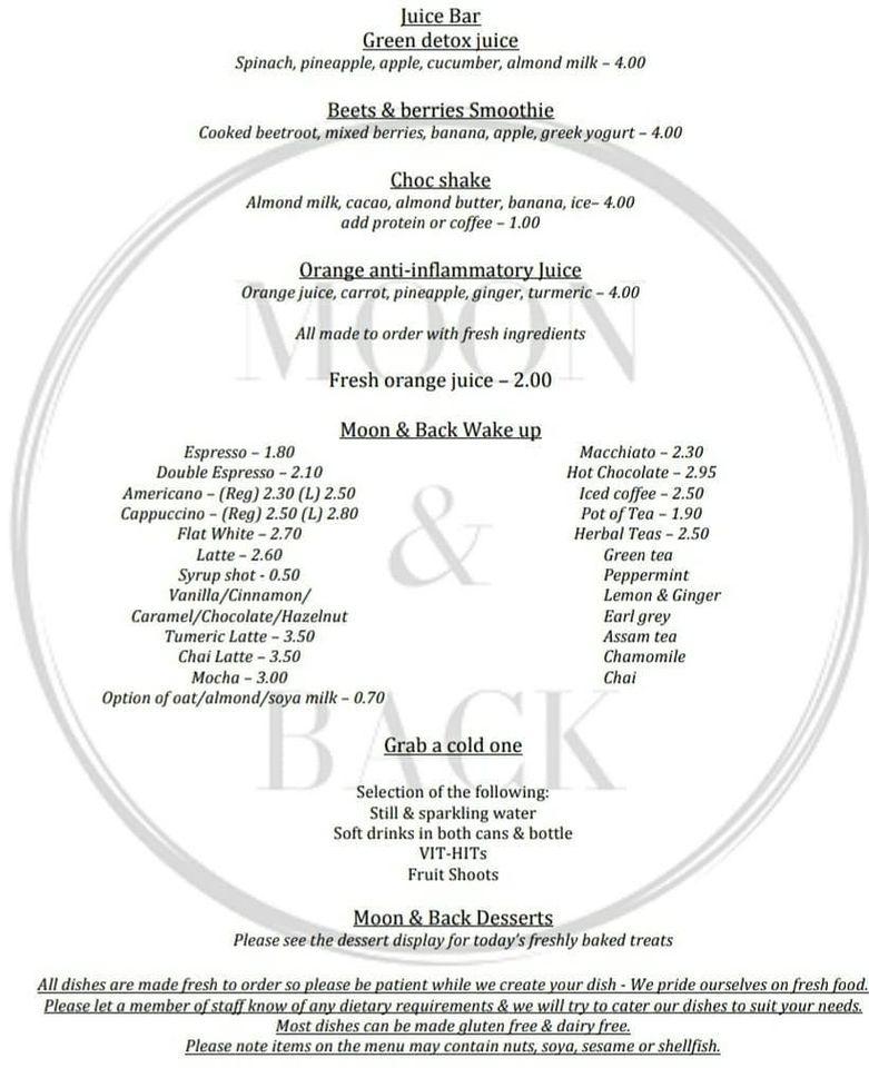 Menu at Moon and Back Cafe, Dungannon