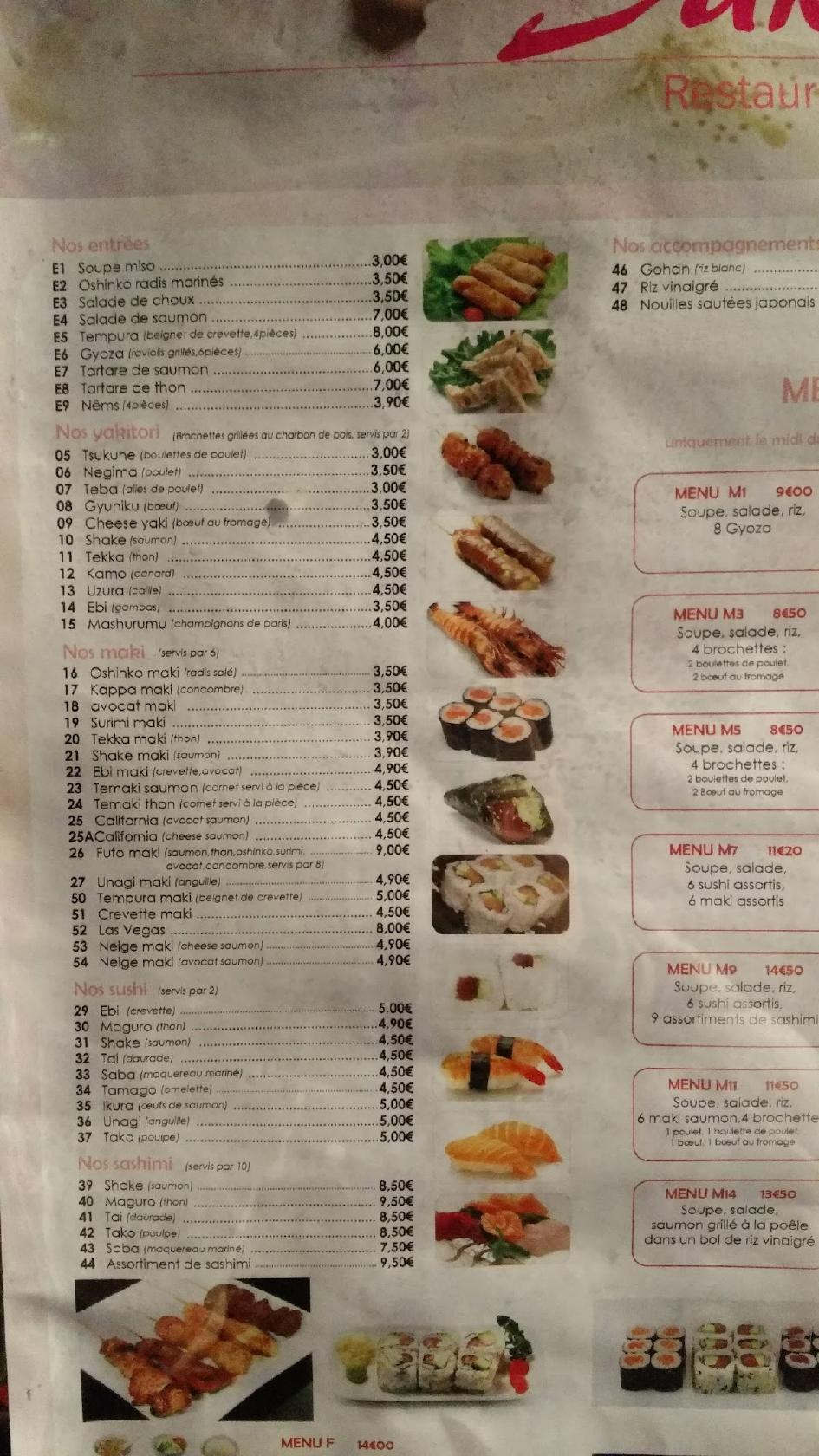 Menu au Sakura restaurant, Saint-Lô
