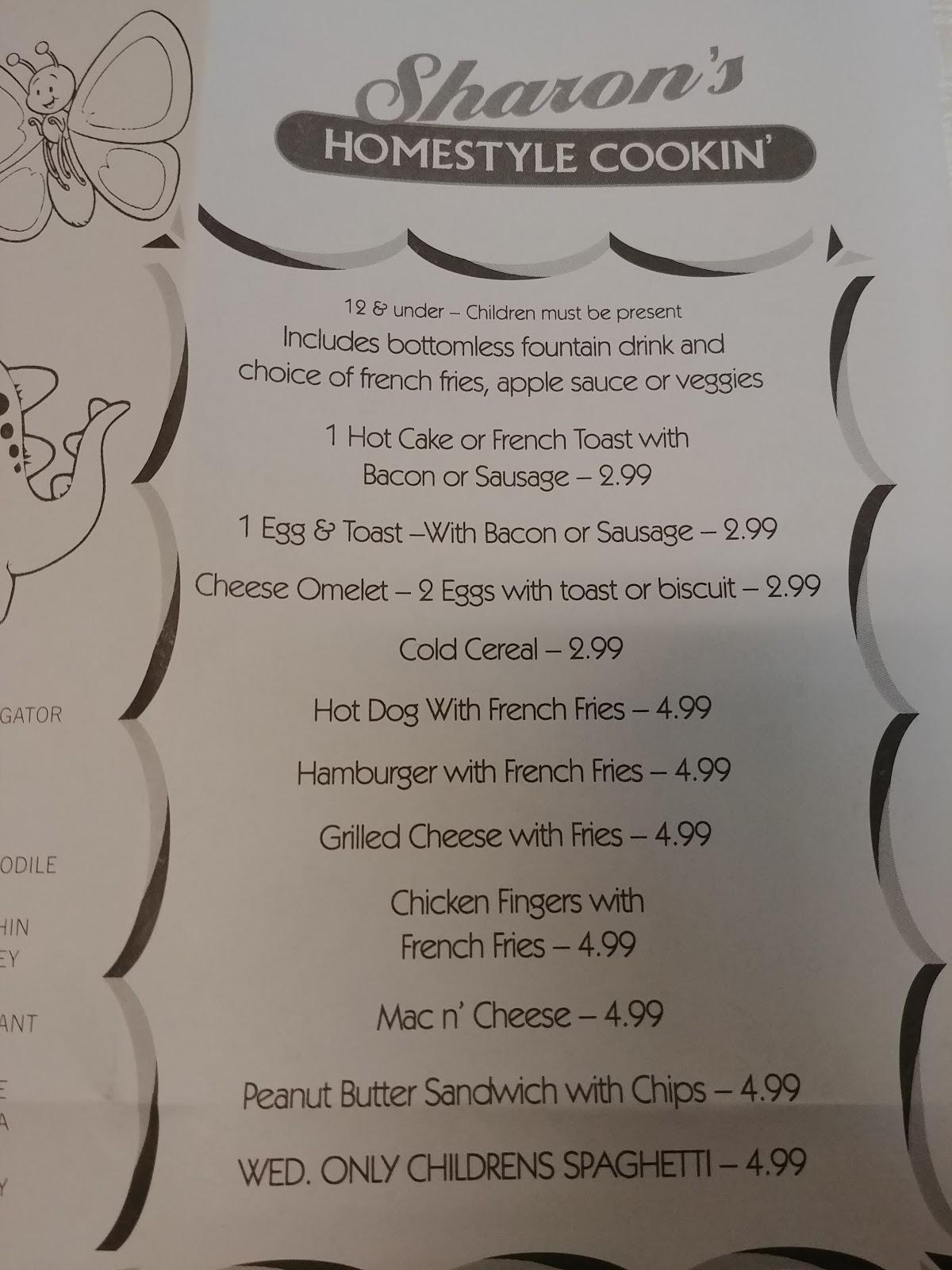 Menu at Sharon's Homestyle Cookin' restaurant, Orlando